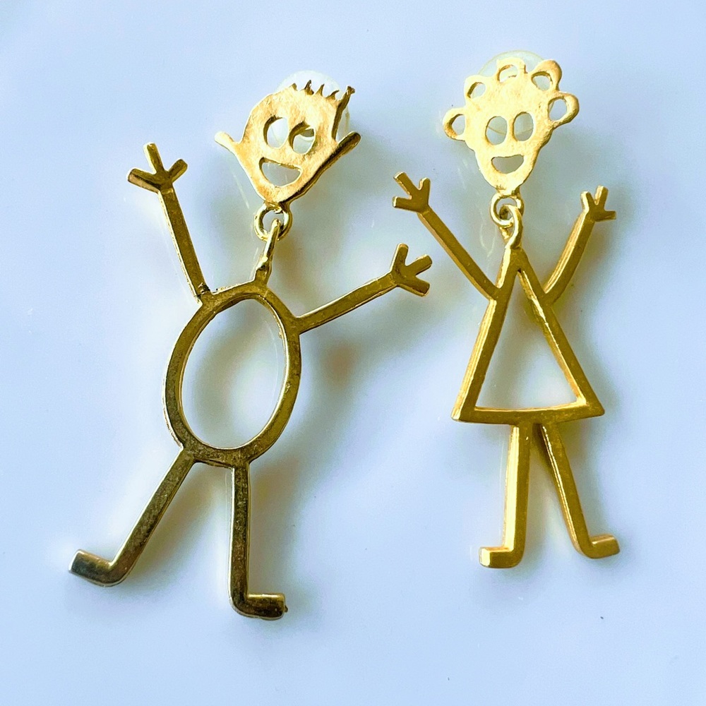 Vtg 1960s Boy And Girl Stick Figure Extra Large Gold … - Gem
